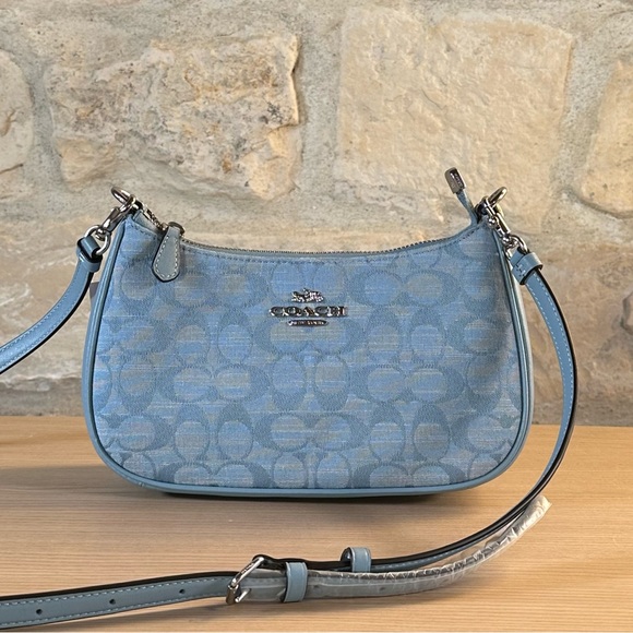 Coach | Bags | Coach Teri Shoulder Bag Print Denim Chambray Canvas Leather Blue Crossbody Nwt ...